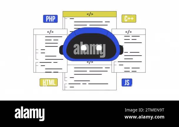 AI-assisted programming animation. Animated bot with scripts 2D cartoon ...