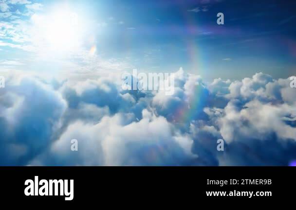 Flying over the timelapse clouds with beautiful lens flare, seamlessly ...
