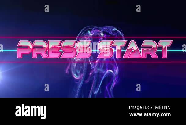 Animation of press start text between lines over dynamic waves pattern ...