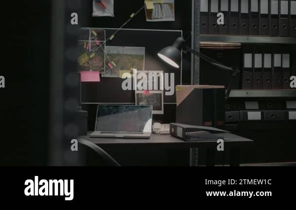 Detective board with clues over desk in police archive, crime scene ...