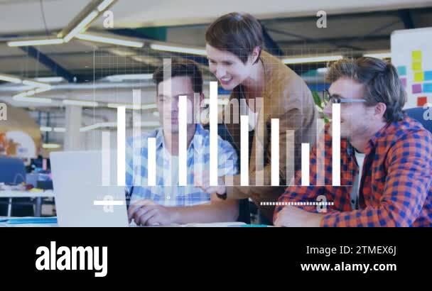 Animation of graph, loading bars over diverse coworkers diverse coworkers sharing ideas in ...