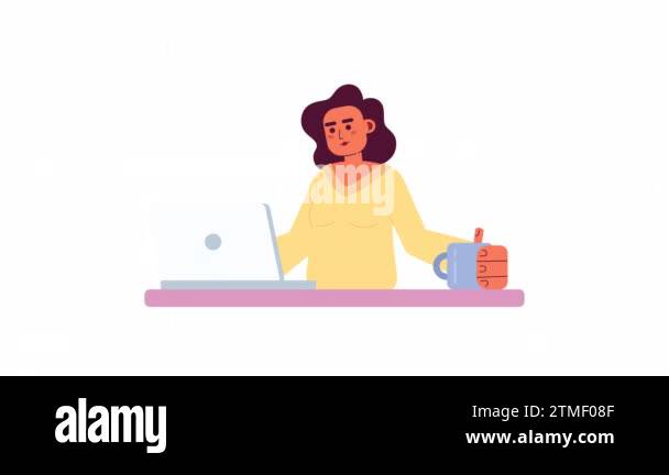 Animated lady with laptop. Female freelance programmer with cup. Flat ...
