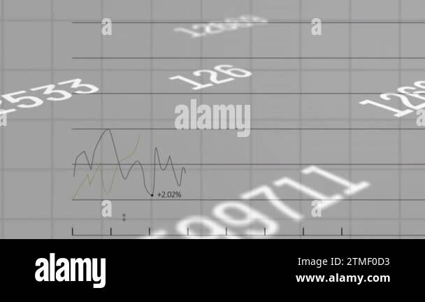 Animation of multiple changing numbers and statistical data processing against white background ...