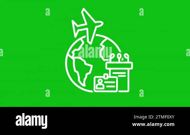 MICE tourism white line animation. Plane flying around globe. Business ...