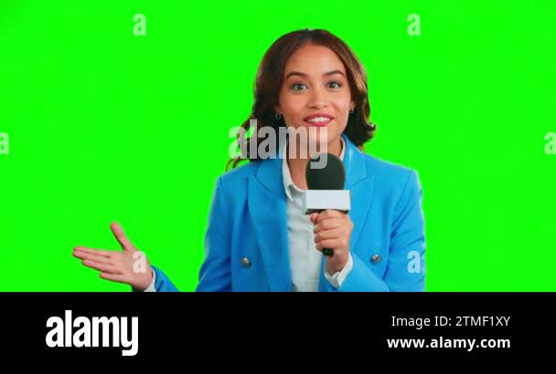 Microphone, green screen and woman journalist with news broadcast or ...