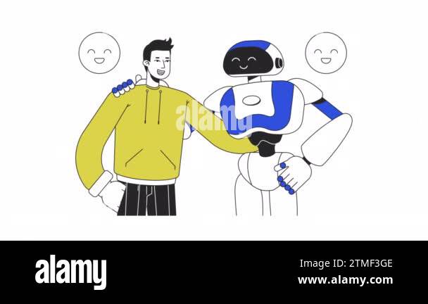 Human hugging AI animation. Animated half body man with robot 2D ...