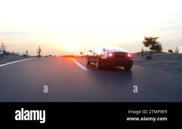 Black sport car on road, highway. Very fast driving. Wonderfull sunrise ...