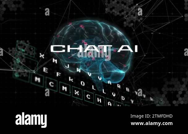 Animation of artificial intelligence text and data processing over human brain. Global ...