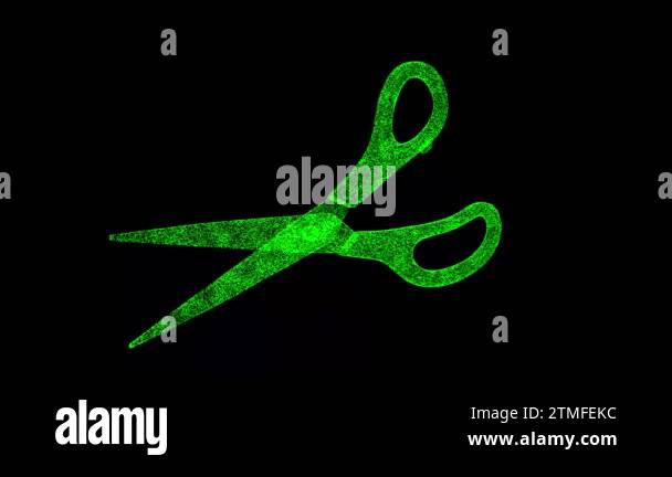 3D scissors rotates on black background. Object made of shimmering ...