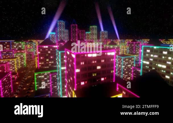 Neon city fly over urban skyscraper glow computer tron matrix 4k Stock ...