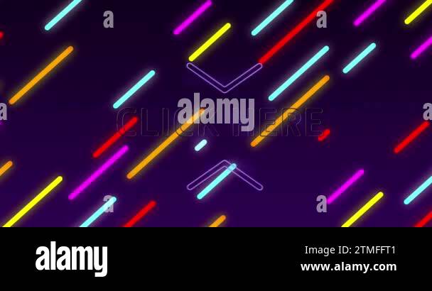 Animation of click here neon text over neon tripes on purple background ...