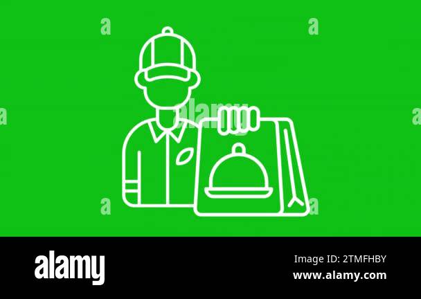 Animated food courier white icon. Delivery man holding meal package ...