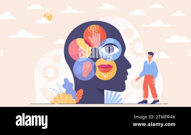 Perception through senses concept. Moving man cognizes world with help ...