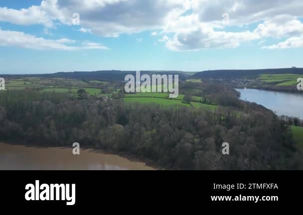 Stoke Gabriel, South Devon, England: DRONE AERIAL VIEWS: Tilt up from ...