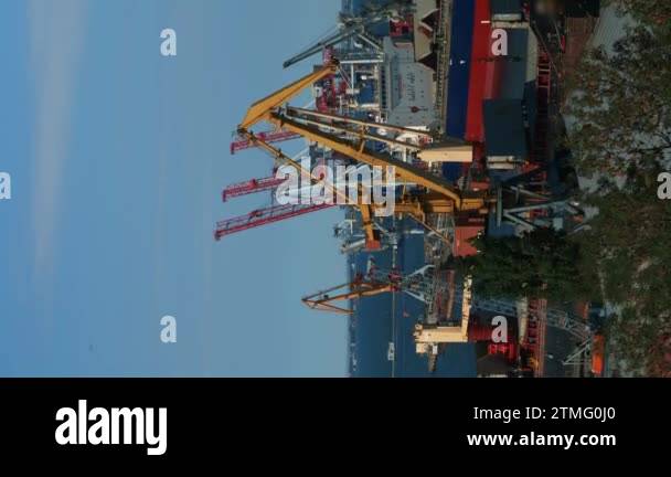 Sea cargo port with containers and working cranes loading ships. Vertical video. Industrial ...