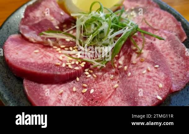 Japanese style yakiniku thin slices marble beef tongue gyutan bbq roast ...