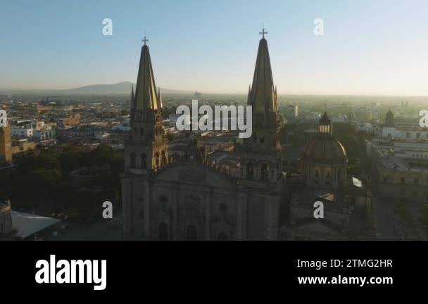 Aerial of historical building main landmark in Guadalajara in golden ...