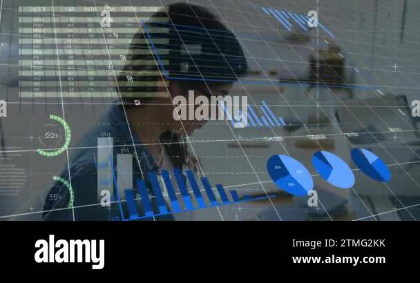 Animation of infographic interface over caucasian researcher working in laboratory. Digital ...
