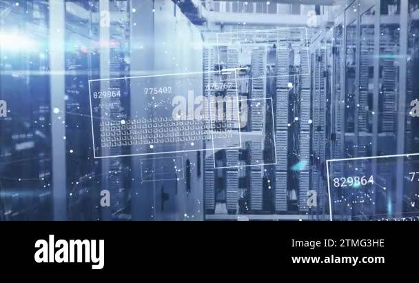 Animation of changing numbers loading bars and squares over server room in background. Digital ...