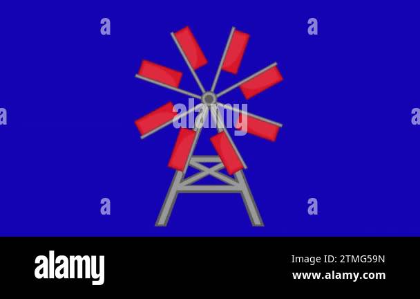 cartoon windmill animation with rotating propellers, on a blue chroma ...