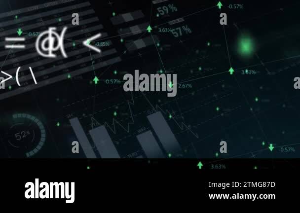 Animation of multiple changing symbols and statistical data processing against black background ...