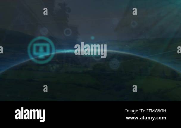 Animation of connected icons, globe, circles, graphs over time-lapse of ...