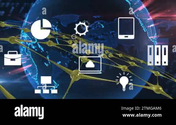 Animation of multiple digital icons over network of connections, spinning globe and world map ...