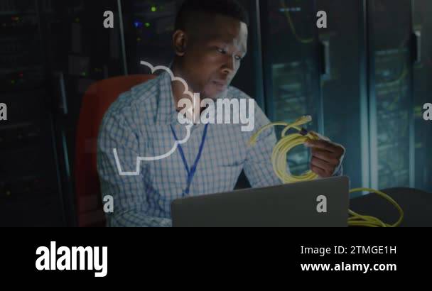 Animation of ai text, icons and african american it engineer and ...