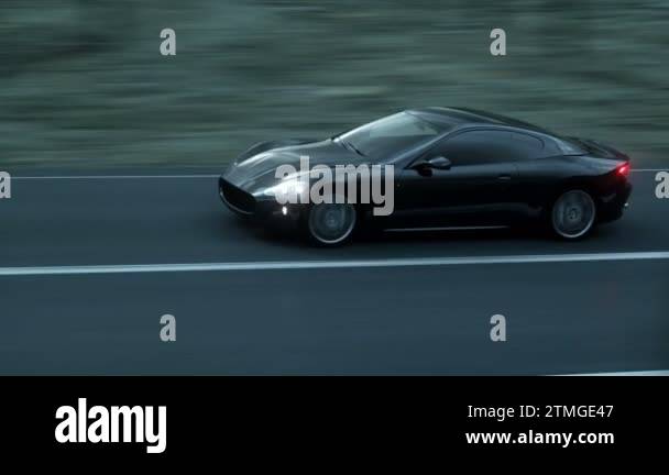 Black sport car on road, highway. Very fast driving. Dark environment ...