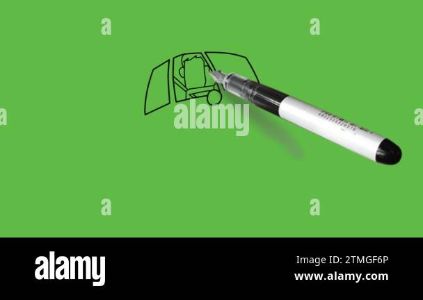 Draw close view of running car drive by young man with black outline on ...