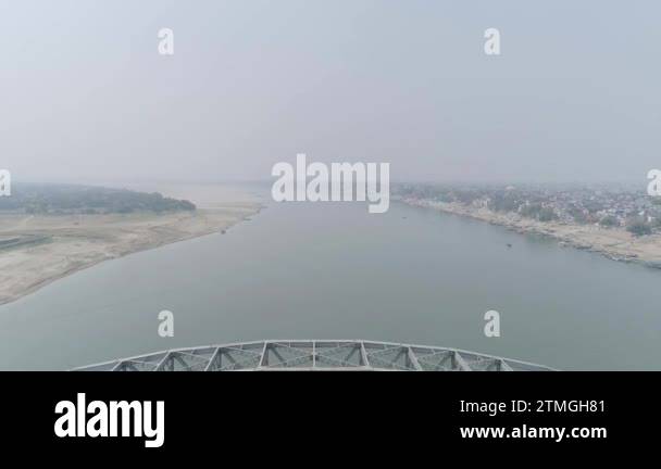 Arial Footage of Double Decker Bridge Over the Ganges at Varanasi. It ...
