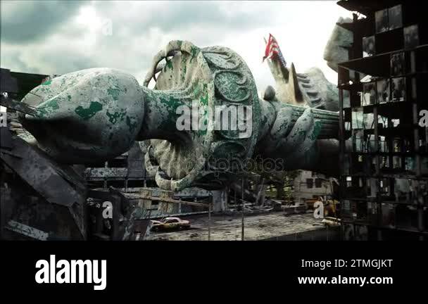 Apocalypse of USA, America. Aerial View of the destroyed New York city ...