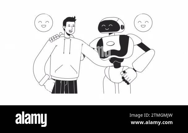 Human hugging AI bw animation. Animated half body man with robot 2D ...