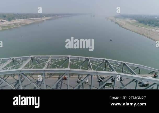 Arial Footage of Double Decker Bridge Over the Ganges at Varanasi. It ...