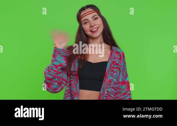 Come here, join us. Welcome. Hippie woman showing inviting gesture with ...