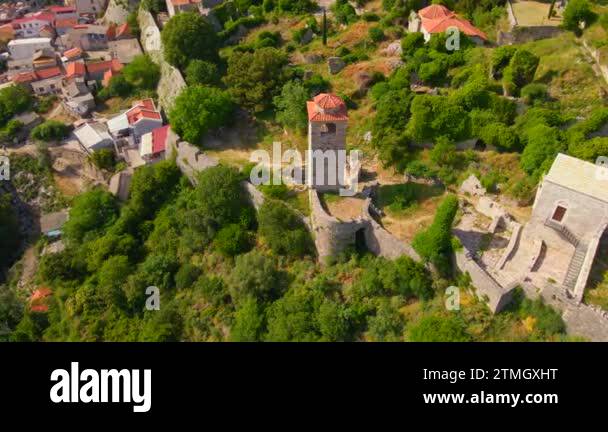 The drone footage captures the stunning ruins of Stari Bar, with stone ...