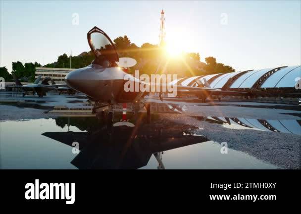 f 22 raptor, military fighter jet. military base. sunset. 3d animation ...