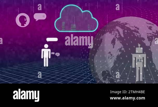 Animation of ai chat and data processing over globe on purple background. Global artificial ...