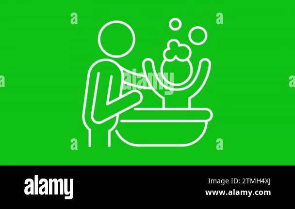 Bathing child white linear animation. Parent washing toddler in bathtub ...