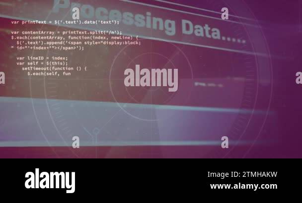 Animation of computer language over multiple texts, symbol, letters, numbers against radar ...