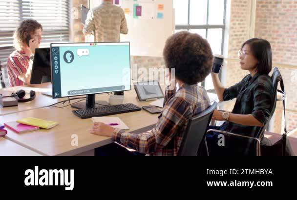Composition of african american woman using computer with ai chat on ...