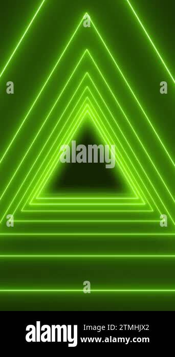 Vertical video animation of many triangles in neon green on dark ...