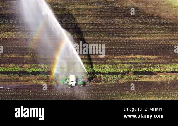 Center pivot agriculture irrigation machine of crops aerial view. An ...