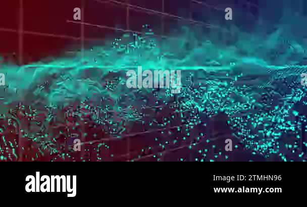 Animation of spots and digital wave over statistical data processing on purple gradient ...