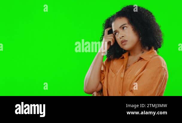Confused woman, green screen and scratching head for thinking of ideas ...
