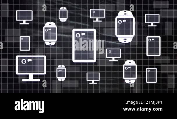 Animation of ai text, icons and data processing over grid. Global artificial intelligence, data ...