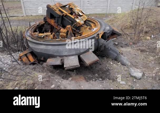 The war in Ukraine. Turret of an exploded Russian tank Stock Video Footage - Alamy