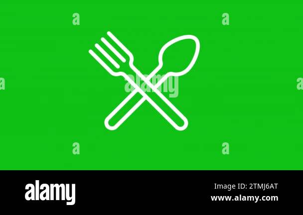 Animated spoon and fork white icon. Cutlery crossed line animation ...