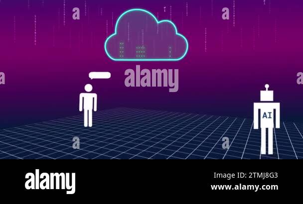 Animation of ai chat and data processing over cloud and people icon ...