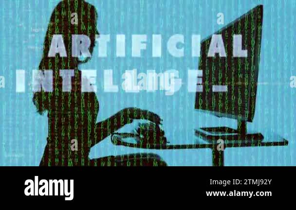 A smart woman on a computer in dark silhouette and artificial intelligence is everywhere words ...